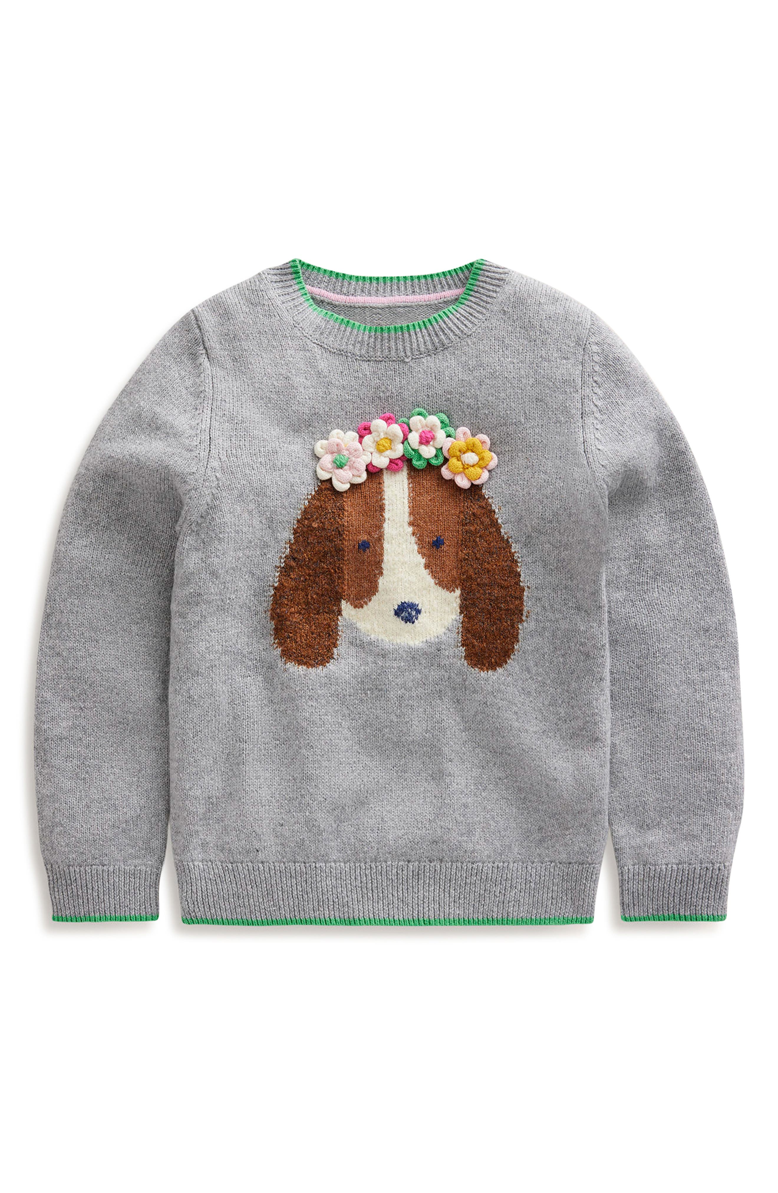 Mini Boden Kids' Puppy 3D Floral Crewneck Sweater | Nordstrom