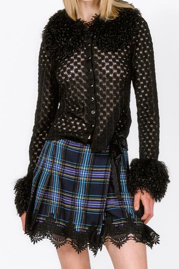 Anna Sui Crochet Knit Faux Curly Lamb Trimmed Top | Nordstrom