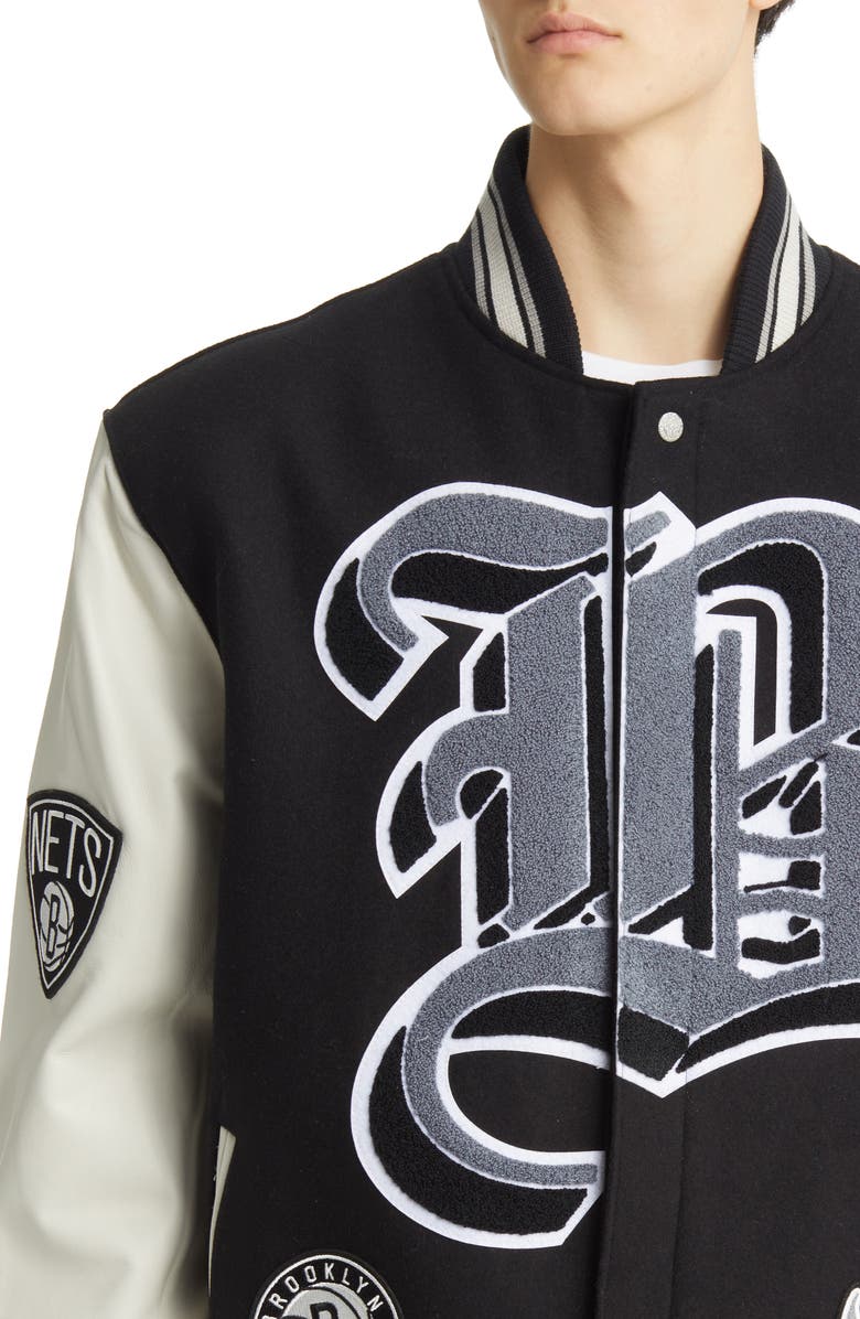 JEFF HAMILTON Brooklyn Nets Block Letter Wool Blend Varsity Jacket ...