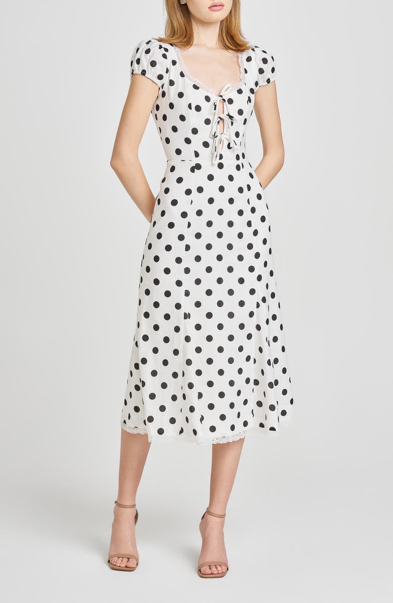 WAYF Cara Polka Dot Cap Sleeve Linen Blend Midi Dress | Nordstromrack
