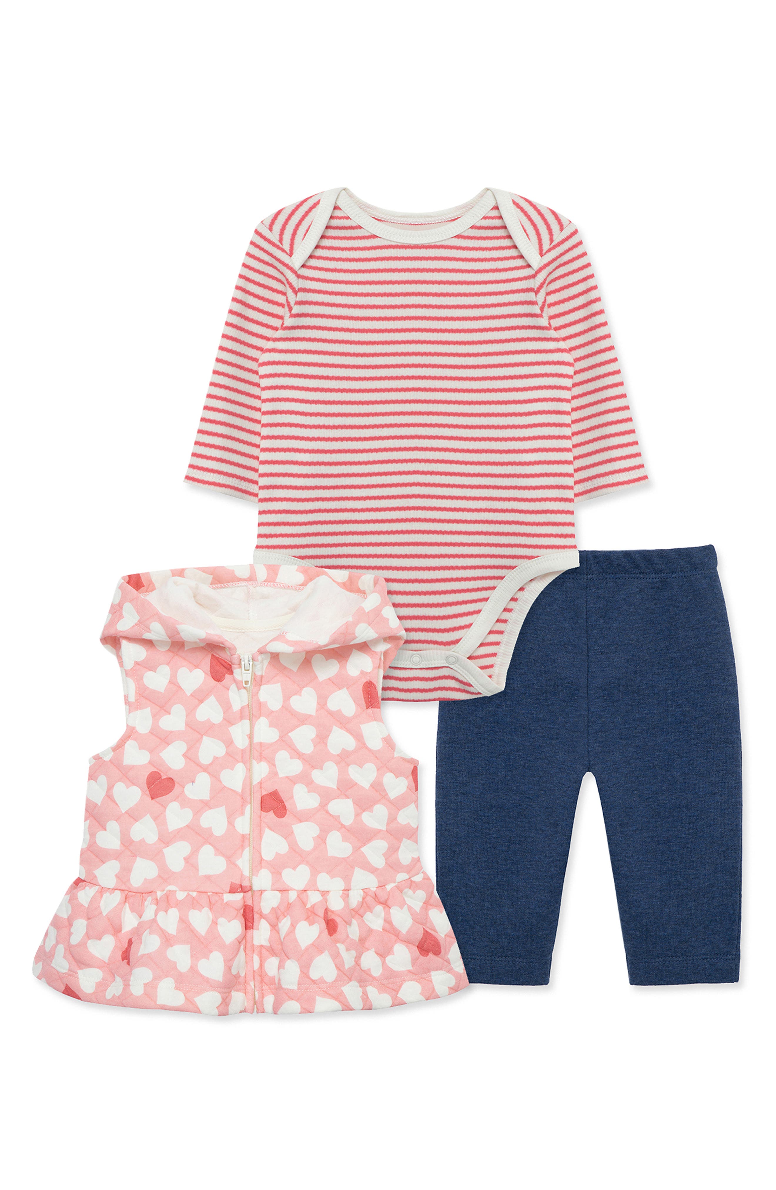 Little Me Sweetheart Long Sleeve Bodysuit, Hooded Quilted Vest & Pants ...