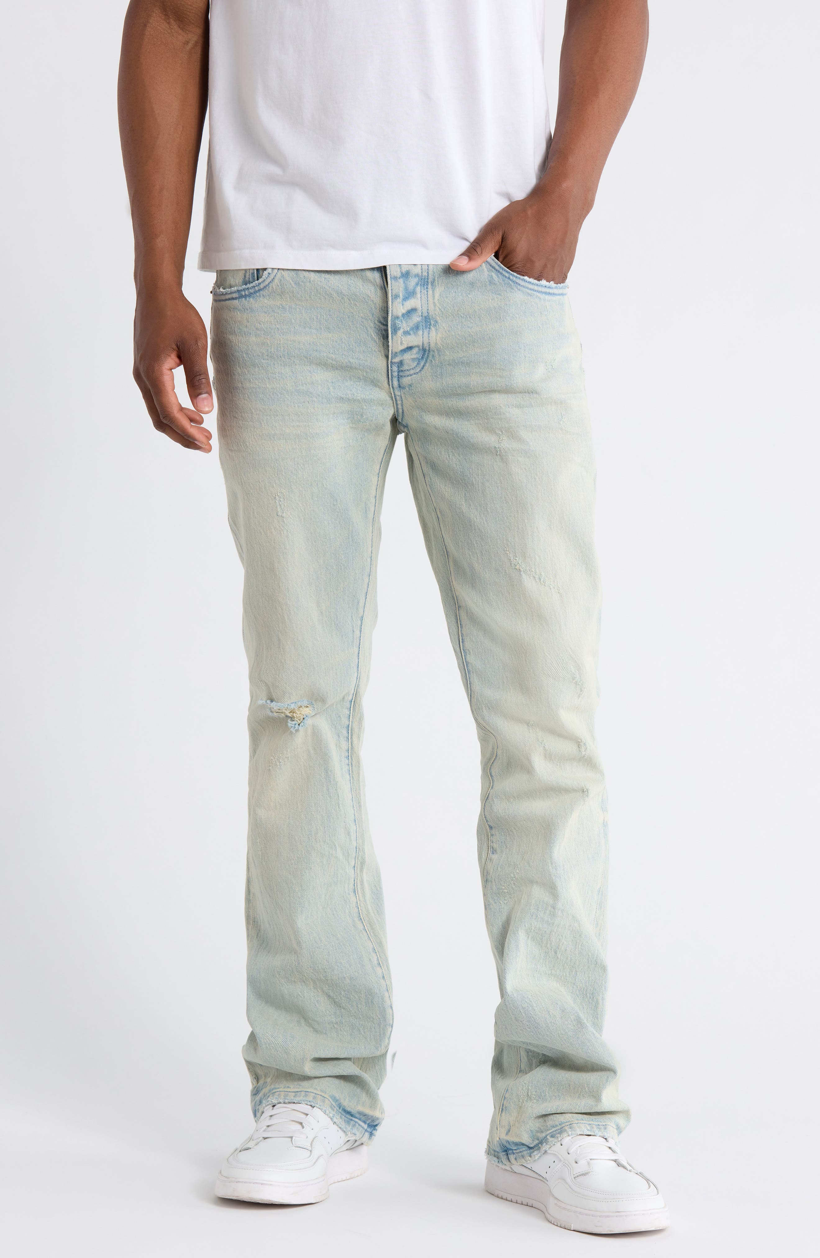 PURPLE BRAND Ripped Knee Blowout Flare Jeans | Nordstrom