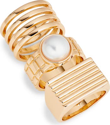 Open Edit Set of 3 Faux Pearl Ridge Rings | Nordstrom