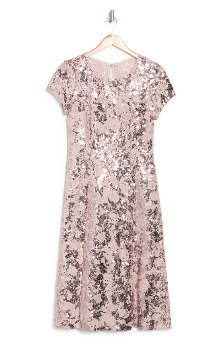 SLNY Cap Sleeve Metallic Lace Tea Length Dress | Nordstromrack