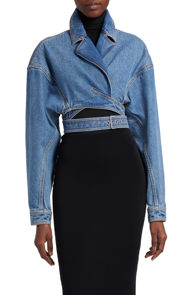 Alaïa Crossover Cutout Crop Denim Wrap Jacket | Nordstrom