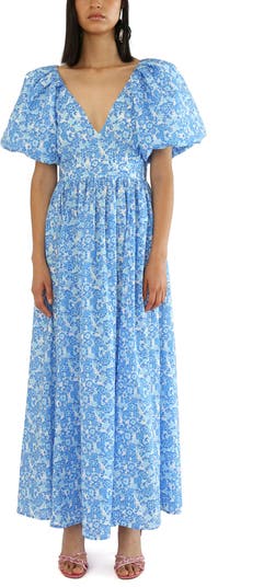 De Loreta Rococo Puff Sleeve Cotton A-Line Maxi Dress | Nordstrom
