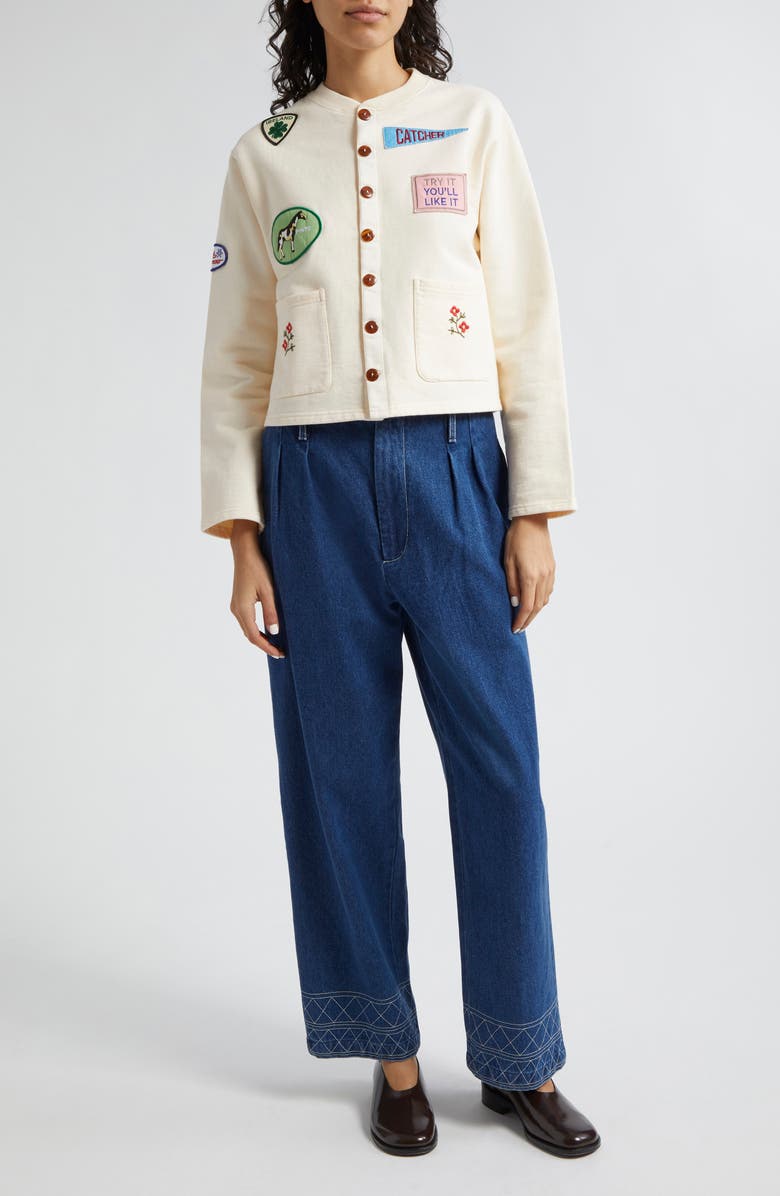 Bode Emblem Patch Crop Cotton Cardigan | Nordstrom