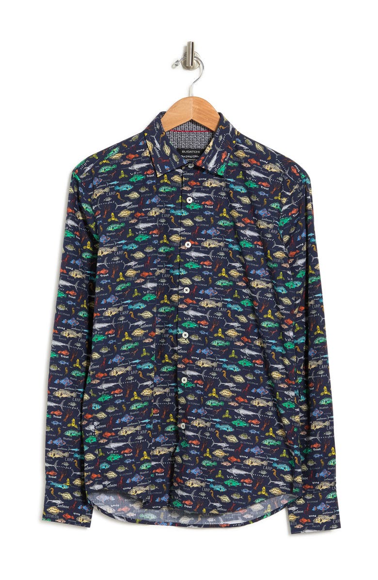 Bugatchi Fish Print Shaped Fit Shirt | Nordstromrack