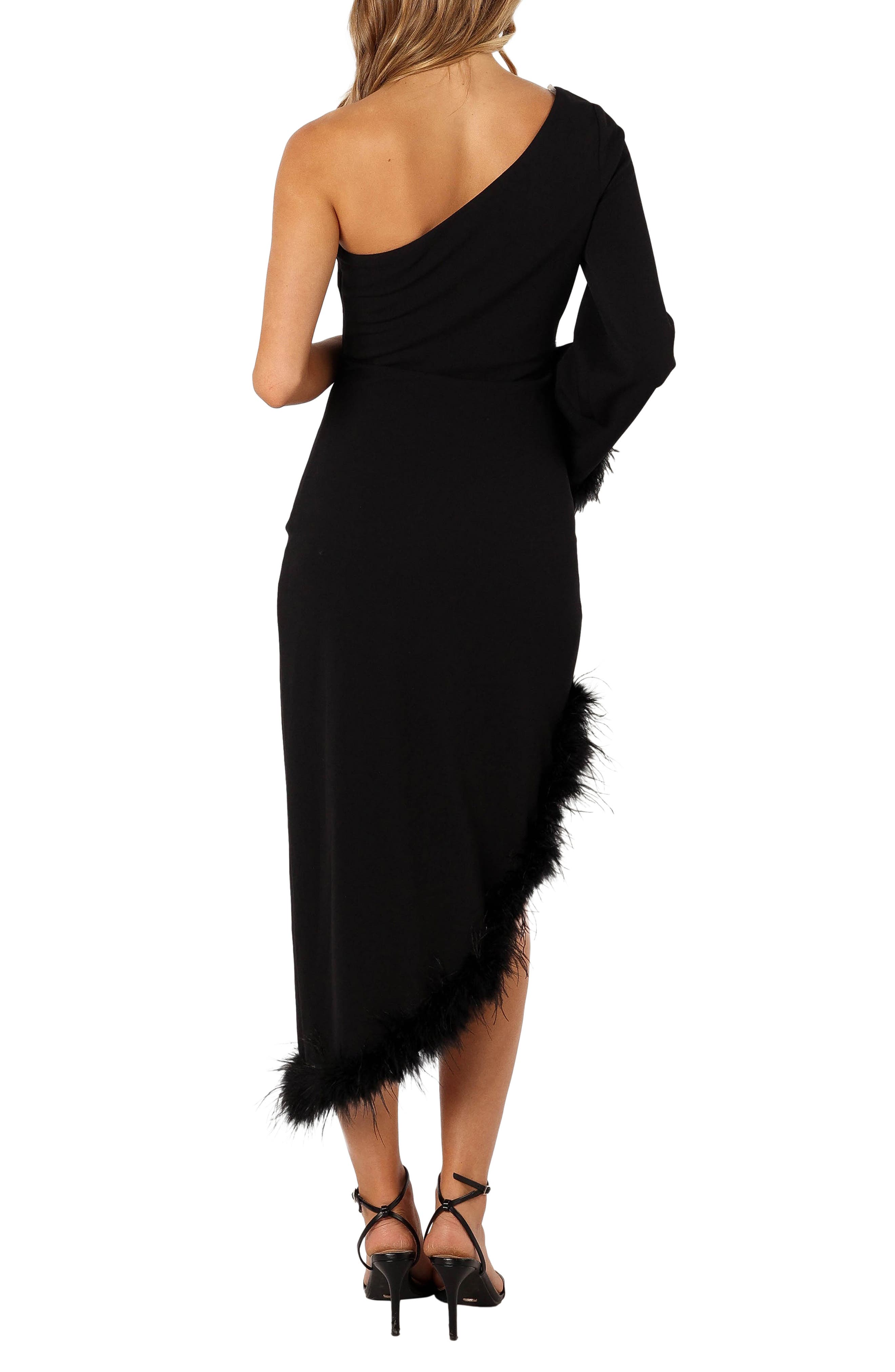 Petal & Pup Dame Feather Trim Single Long Sleeve Midi Cocktail Dress ...