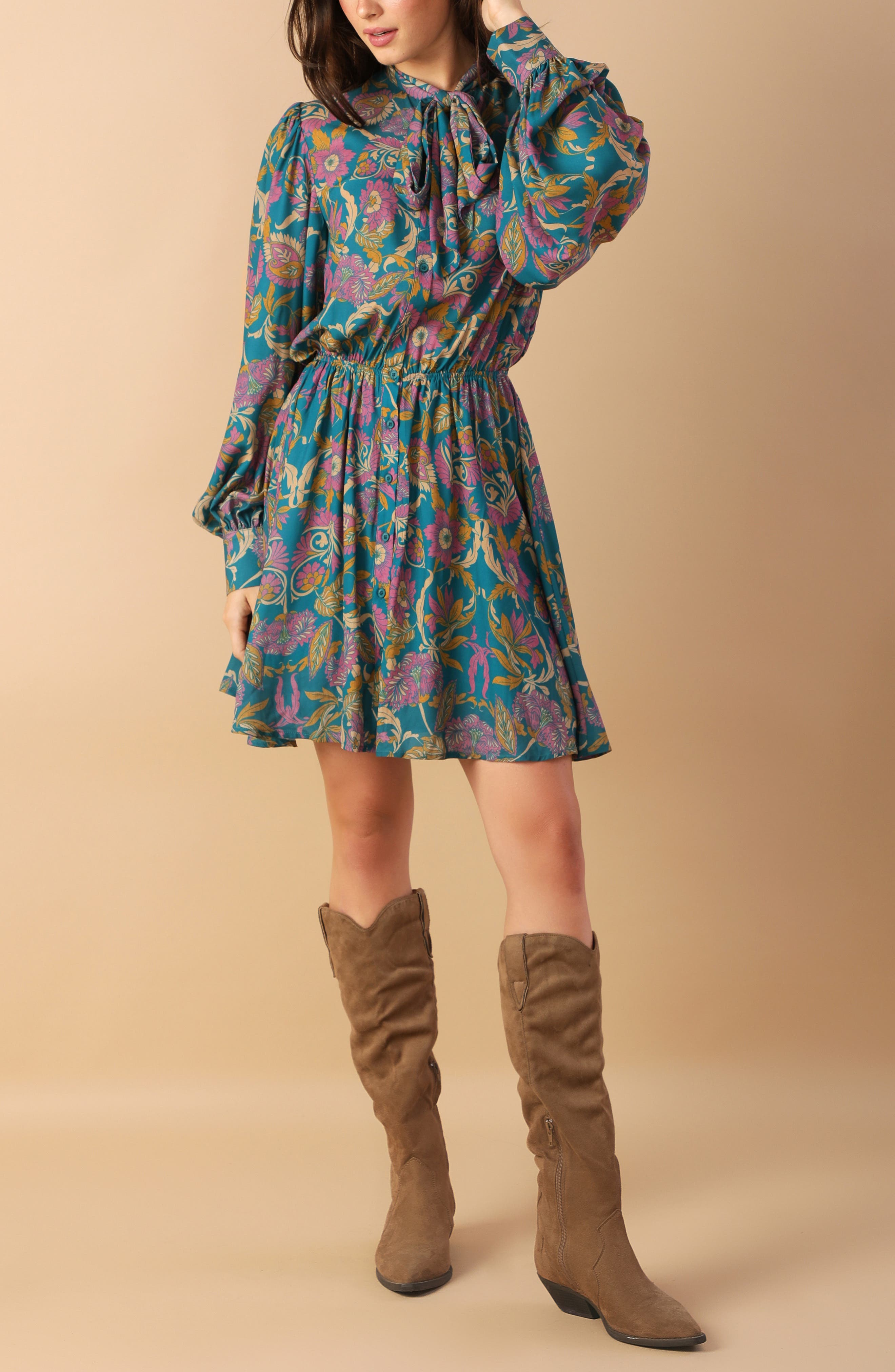FLYING TOMATO Tie Neck Long Sleeve Minidress | Nordstromrack