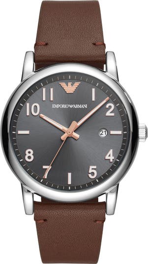 Emporio Armani Men's Three-Hand Date Brown Leather Strap Watch, 43mm ...