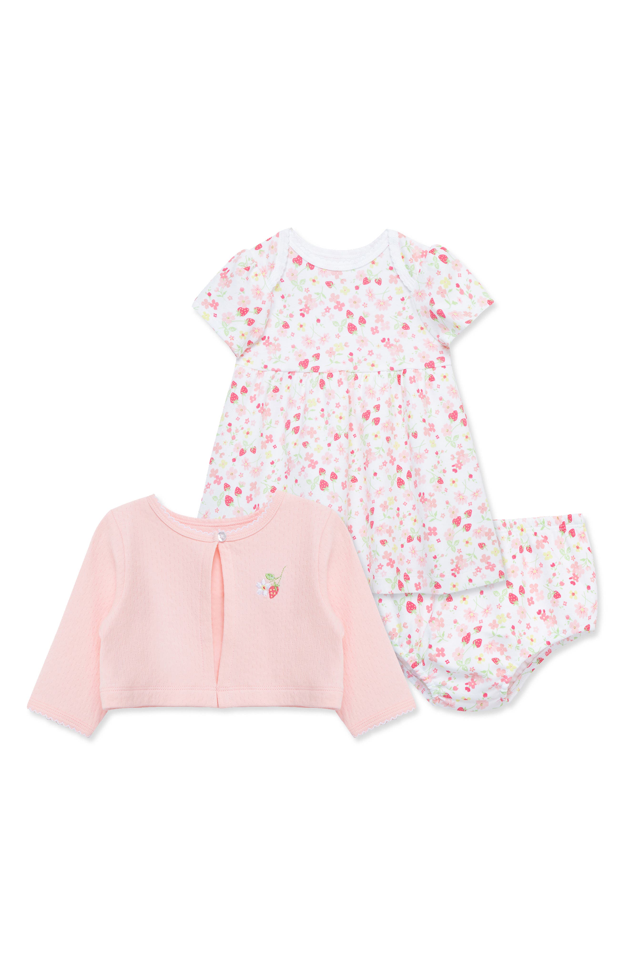 Little Me Strawberry Dress, Bloomers & Cardigan Set | Nordstromrack