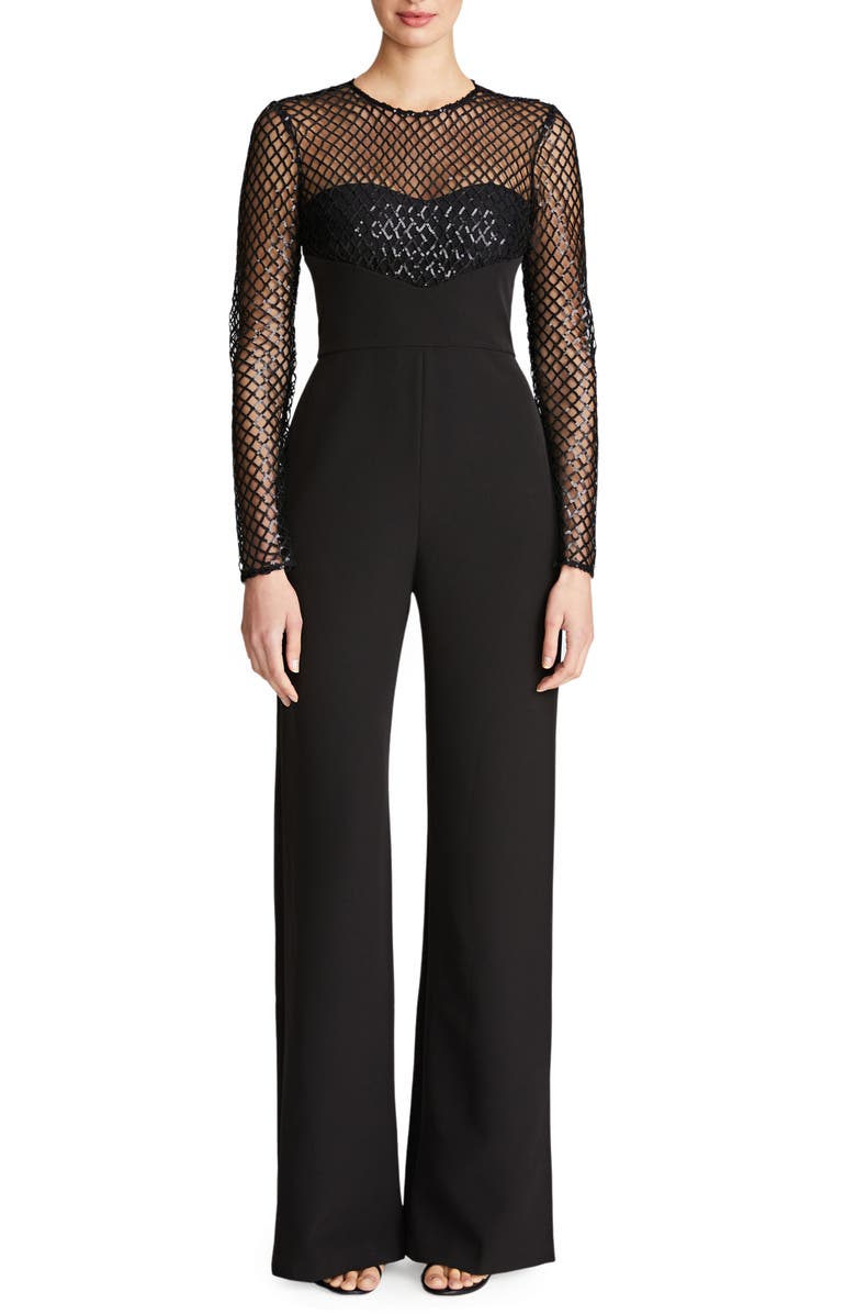 HALSTON Jac Sequin Illusion Neck Crepe Jumpsuit | Nordstromrack