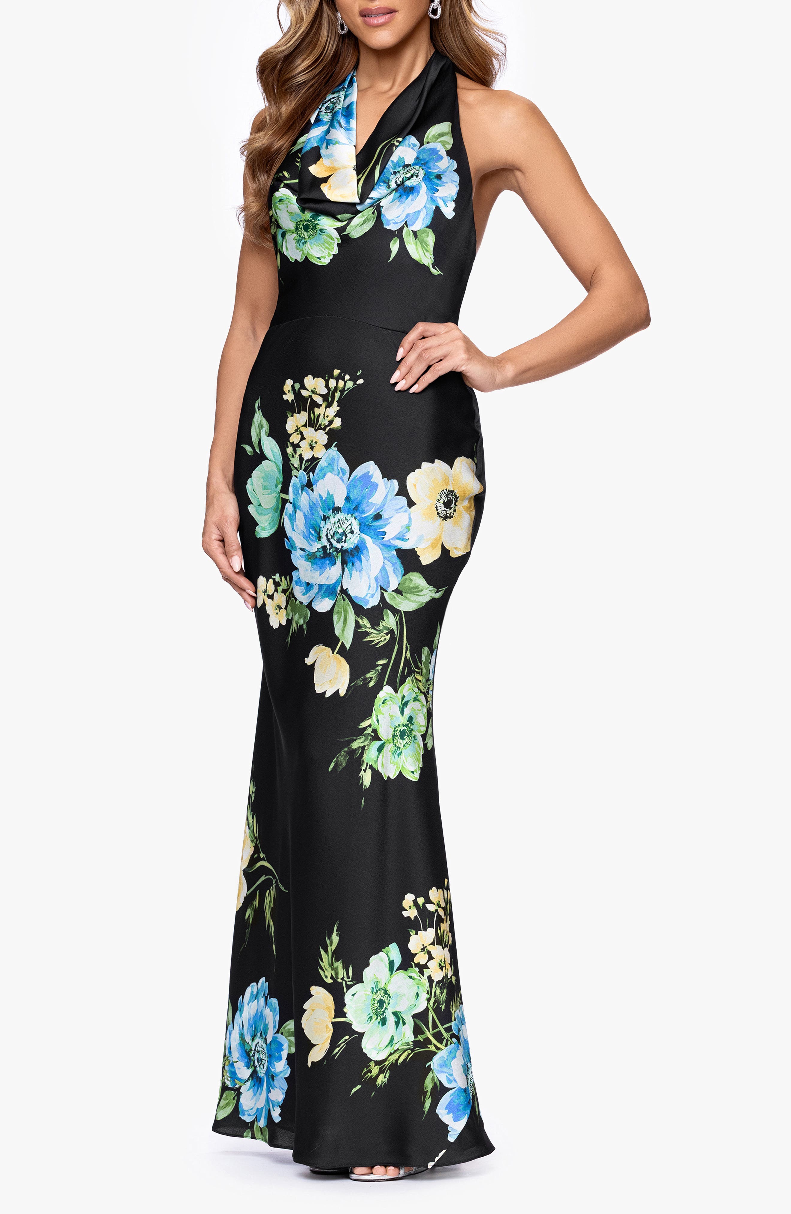 Betsy & Adam Floral Satin Halter Gown | Nordstrom