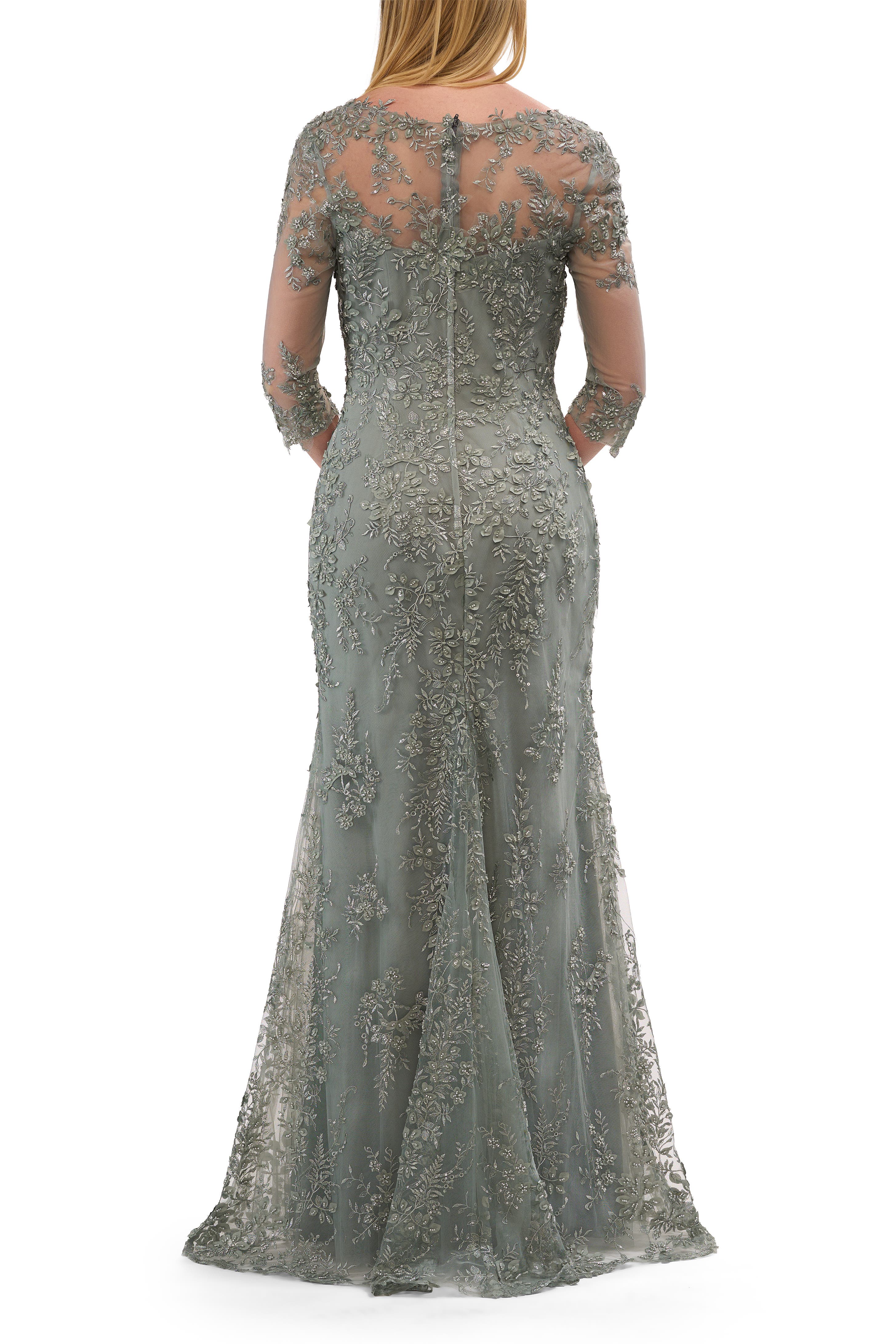 Unique Lace Gown with Square Neckline and Illusion Sleeves (Women ...