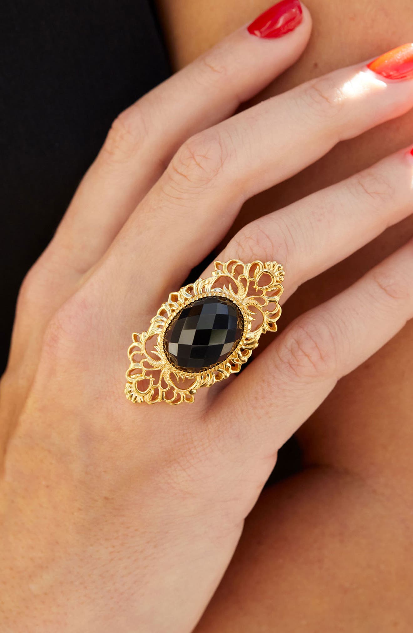 SAVVY CIE JEWELS 18K Gold Vermeil Bold Onyx Filigree Statement Ring ...