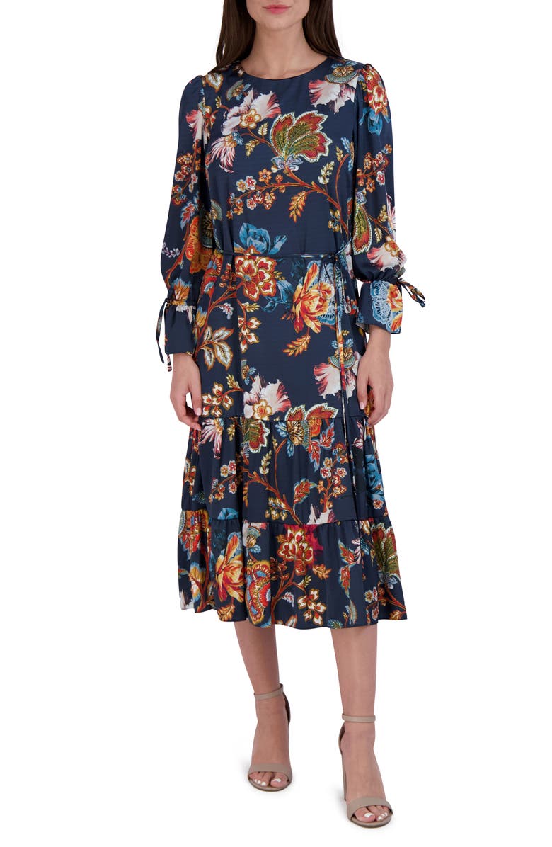 Julia Jordan Floral Print Tie Waist Tiered Midi Dress | Nordstromrack