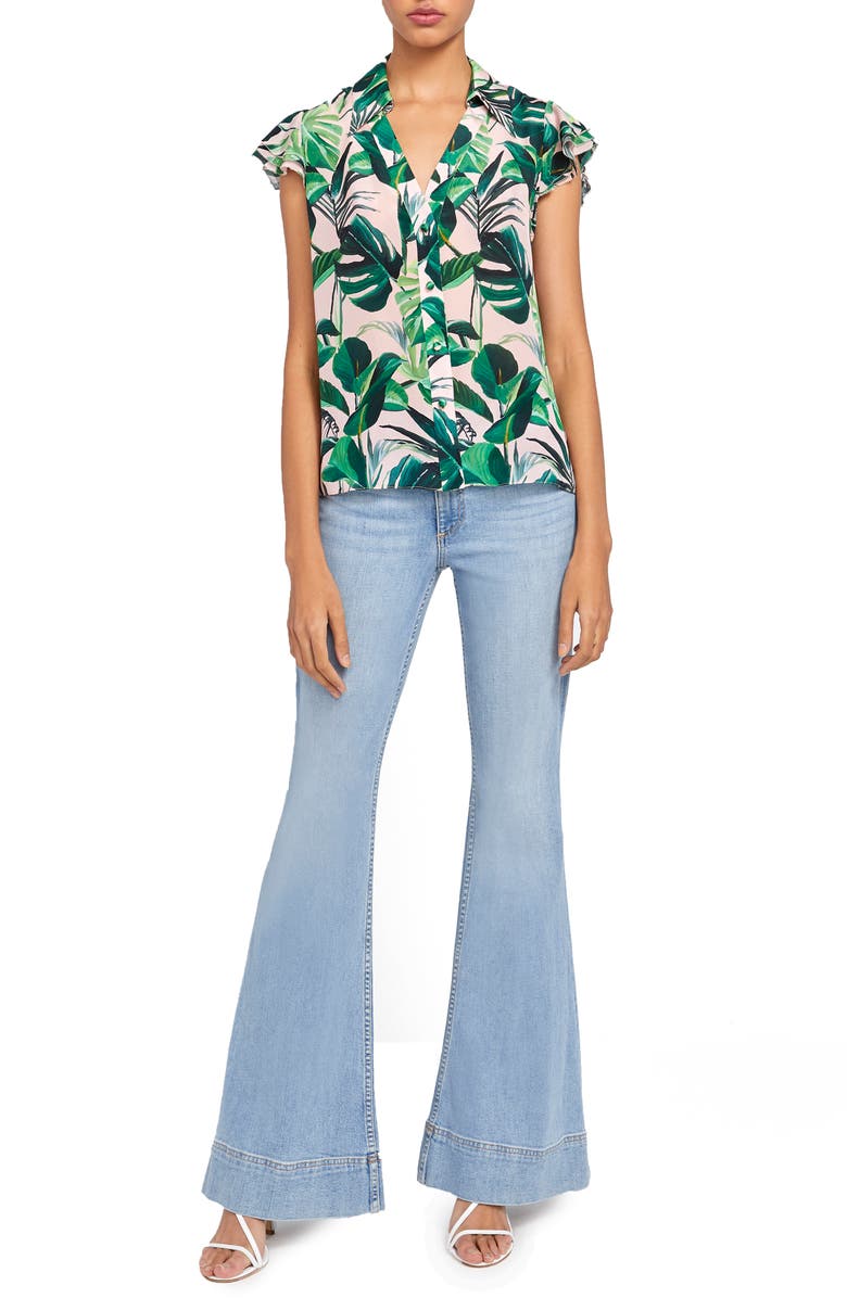 Alice + Olivia Randa Printed Ruffle Sleeve Silk Top | Nordstromrack