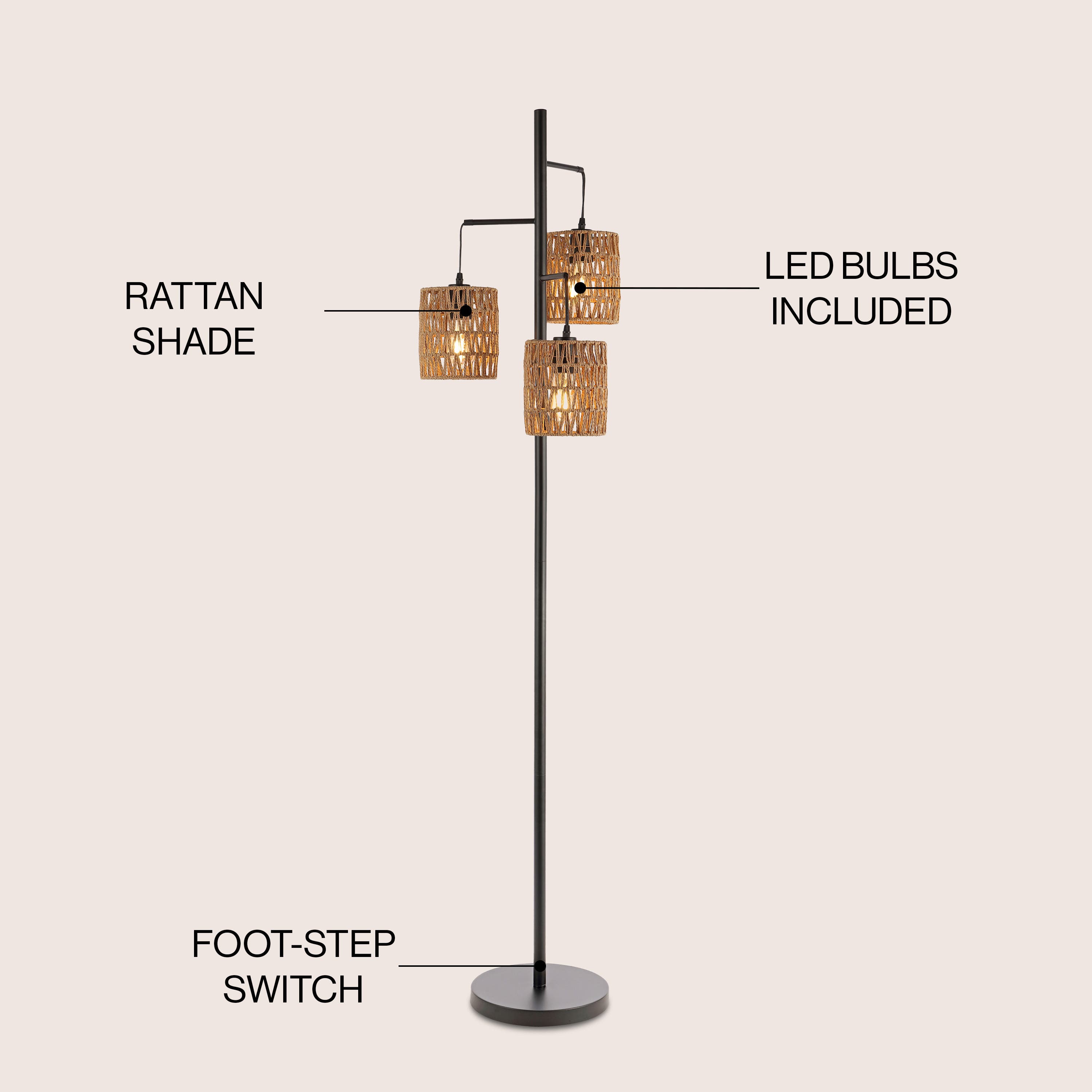 JONATHAN Y Isla 3-Light Mid-Century Bohemian Metal/Rope LED Floor Lamp ...