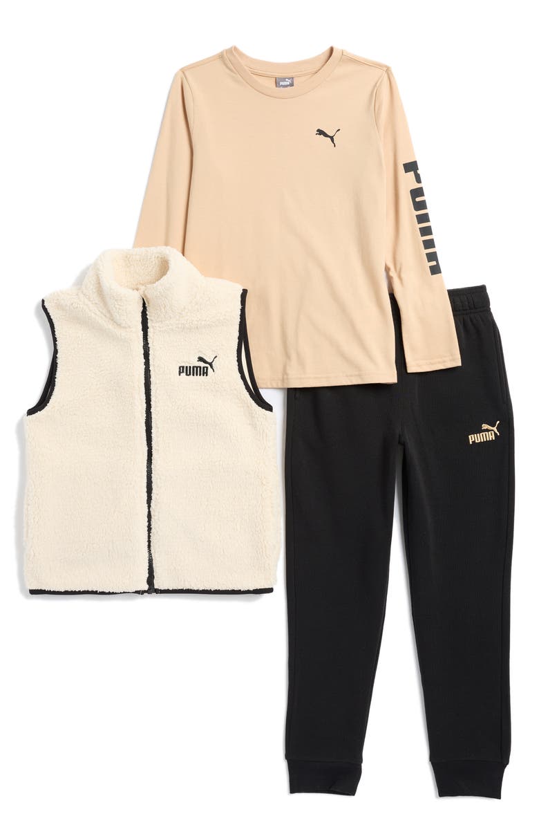 PUMA Kids' Long Sleeve T-Shirt, Joggers & Faux Shearling Vest Set ...