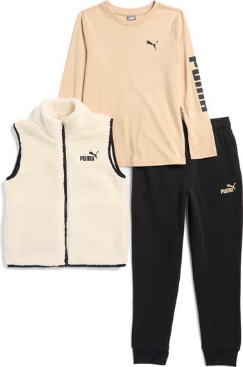 PUMA Kids' Long Sleeve T-Shirt, Joggers & Faux Shearling Vest Set ...