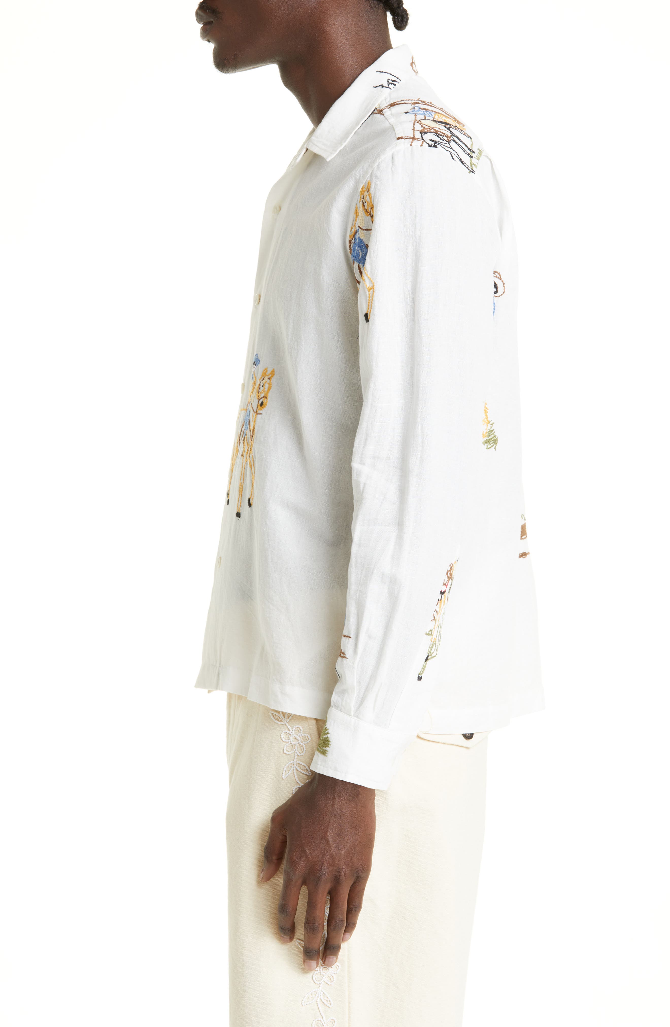 Bode Boxy Buckaroo Embroidered Long Sleeve Linen & Cotton Button-Up ...