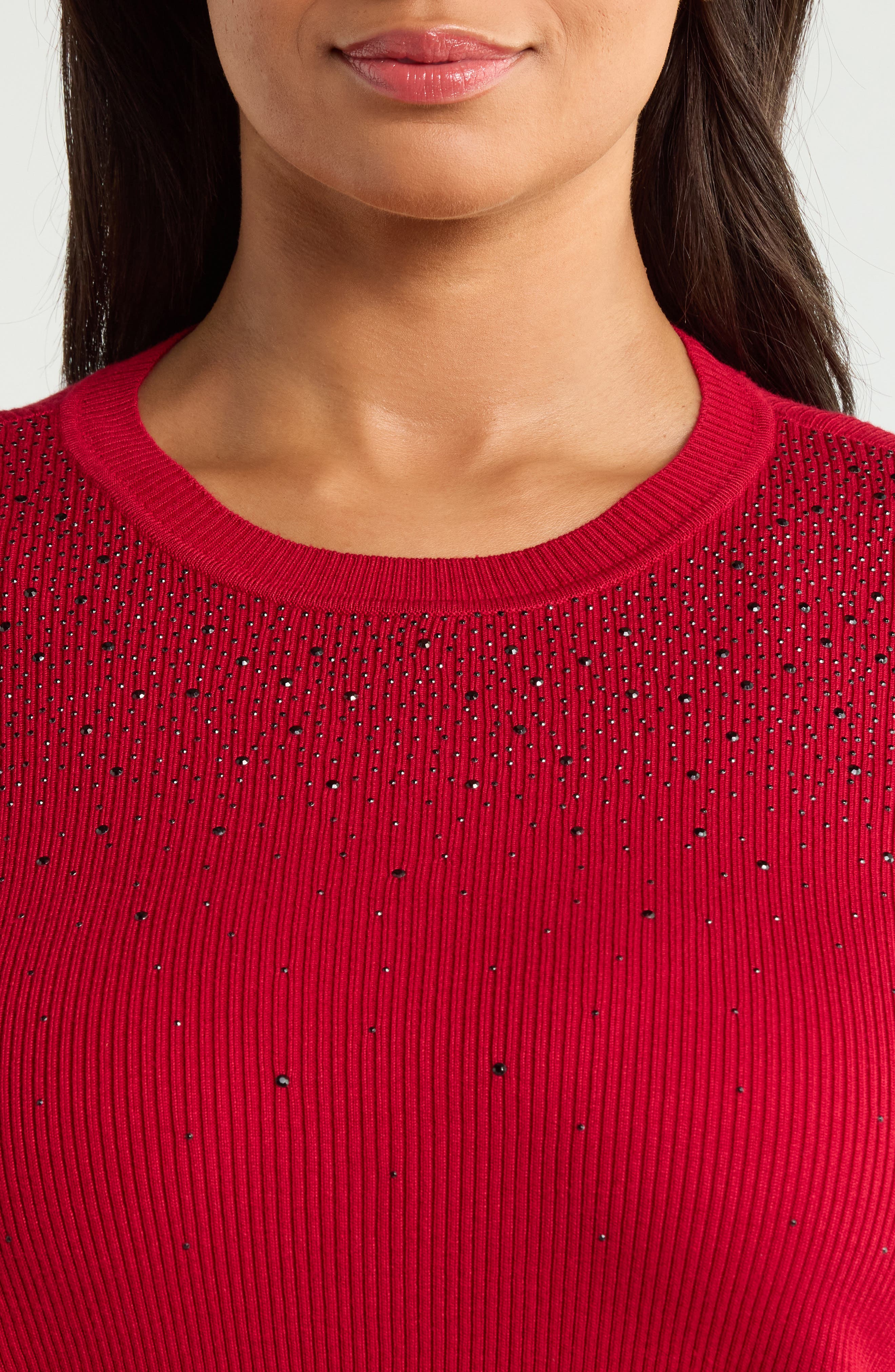 AK ANNE KLEIN Waterfall Crystal Ribbed Crewneck Sweater (Women) | Nordstrom