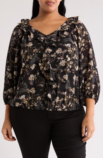 MAX STUDIO Ruffle V-Neck Long Sleeve Top | Nordstromrack