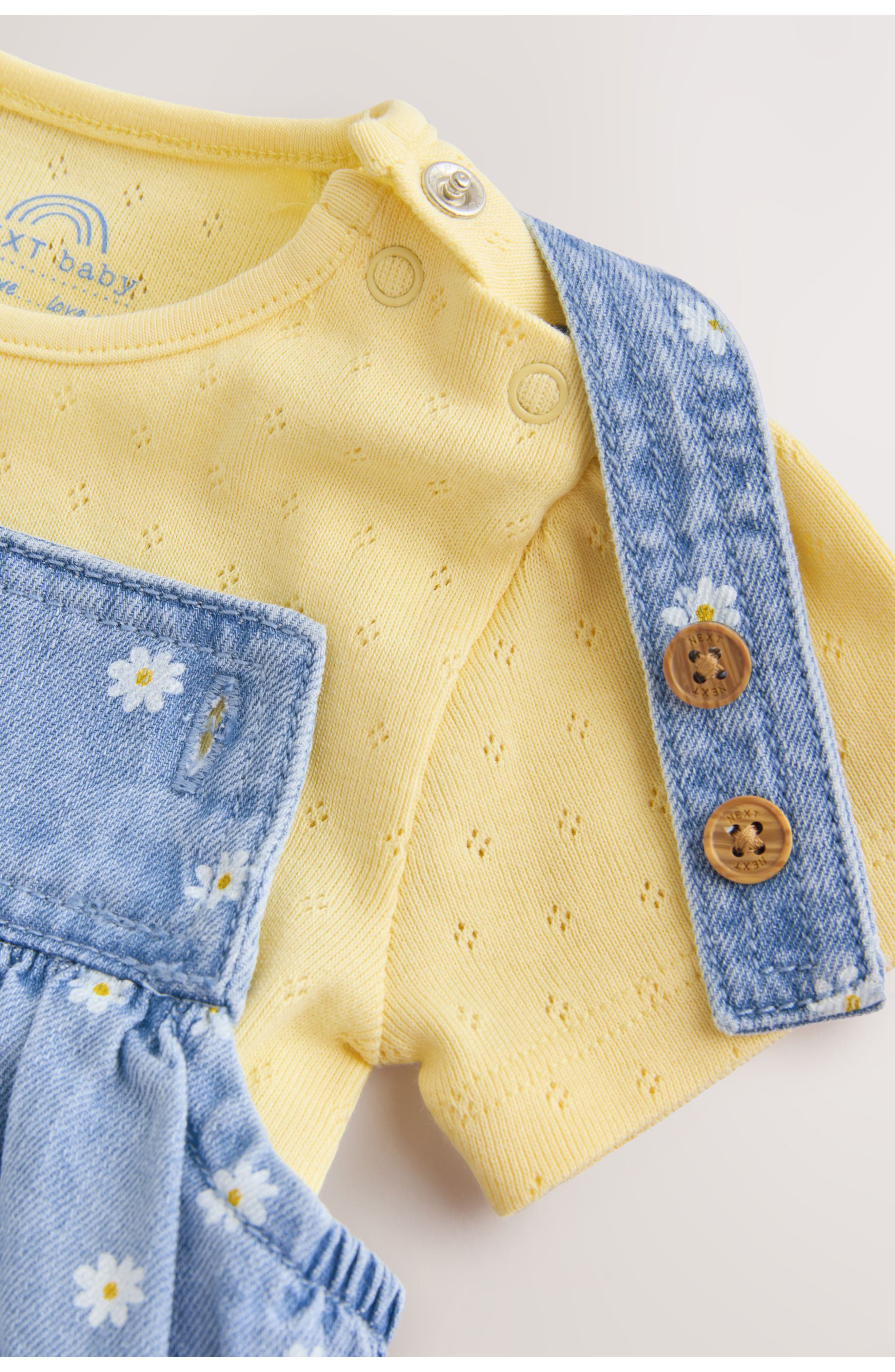 NEXT Daisy Print Denim Overalls & Cotton Pointelle Bodysuit Set | Nordstrom
