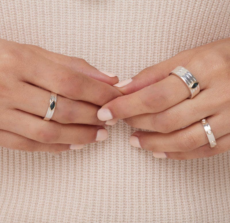 ELLIOT YOUNG "Liquid Metal" Narrow Hammered Sterling Silver 14k Band ...