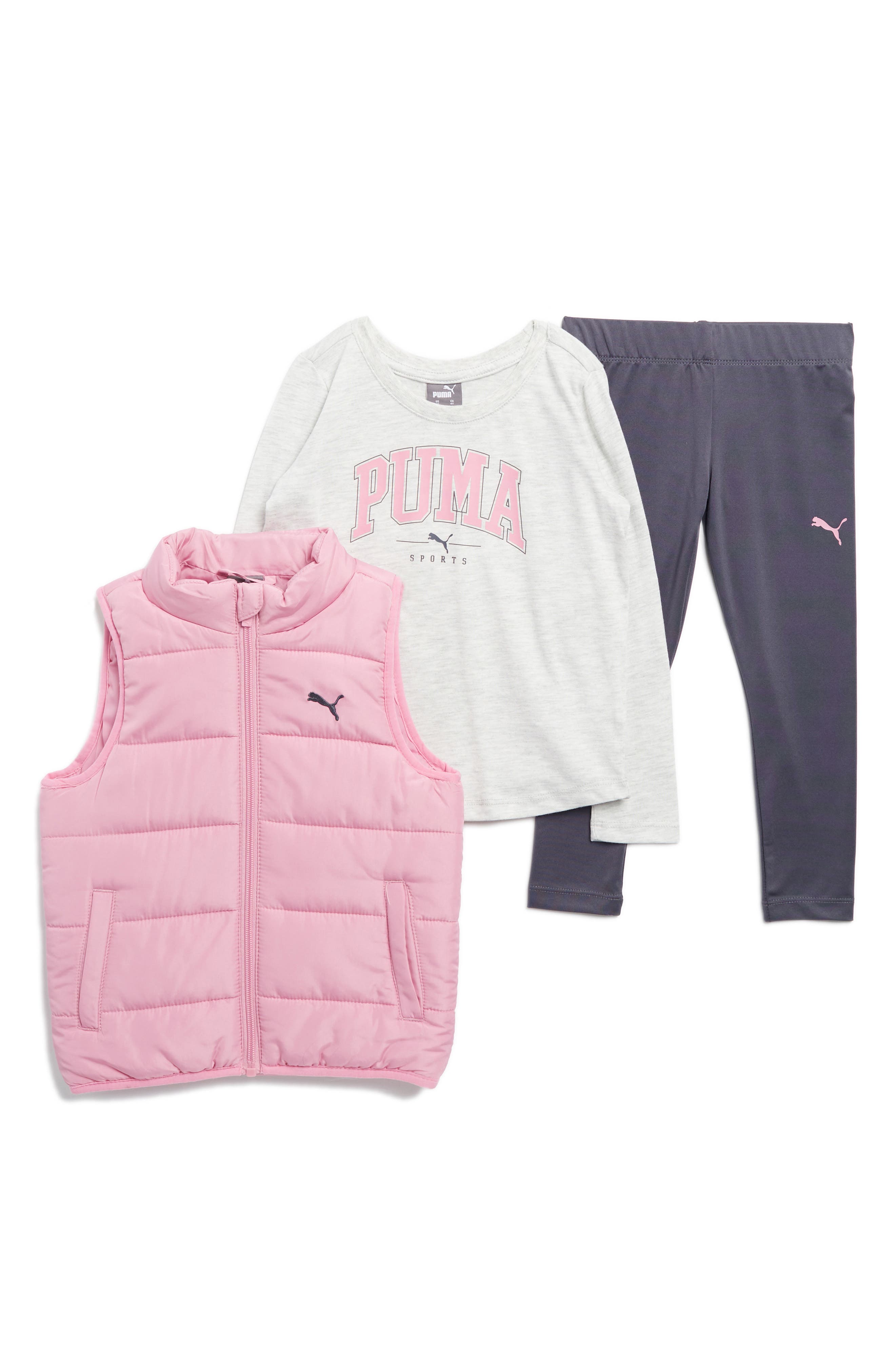 PUMA Kids' Long Sleeve T-Shirt, Leggings & Puffer Vest Set | Nordstromrack