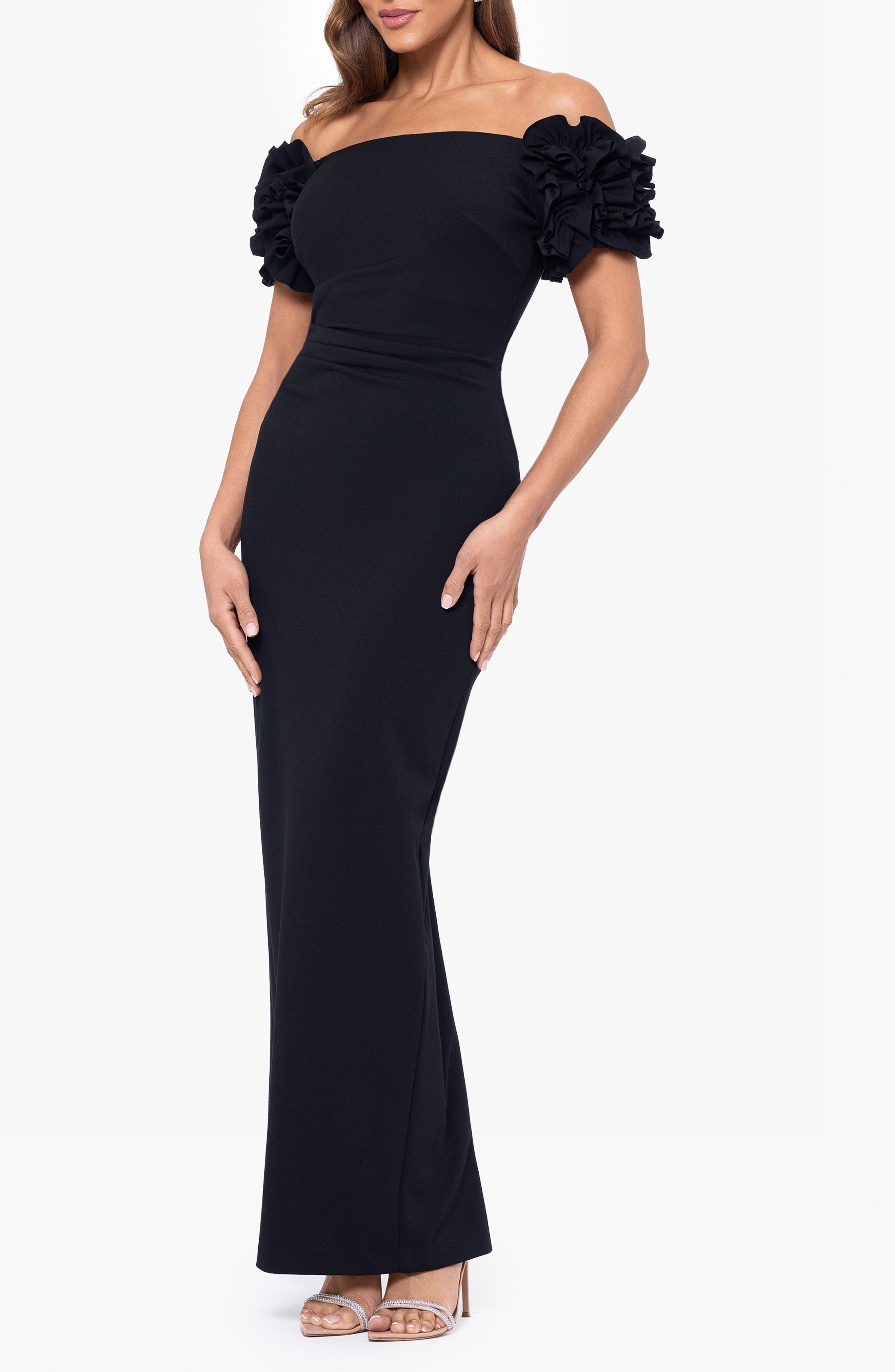 Xscape Evenings Ruffle Sleeve Off the Shoulder Scuba Crepe Column Gown ...