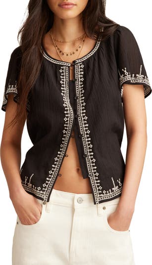 Lucky Brand Embroidered Crinkle Front Button Top | Nordstrom