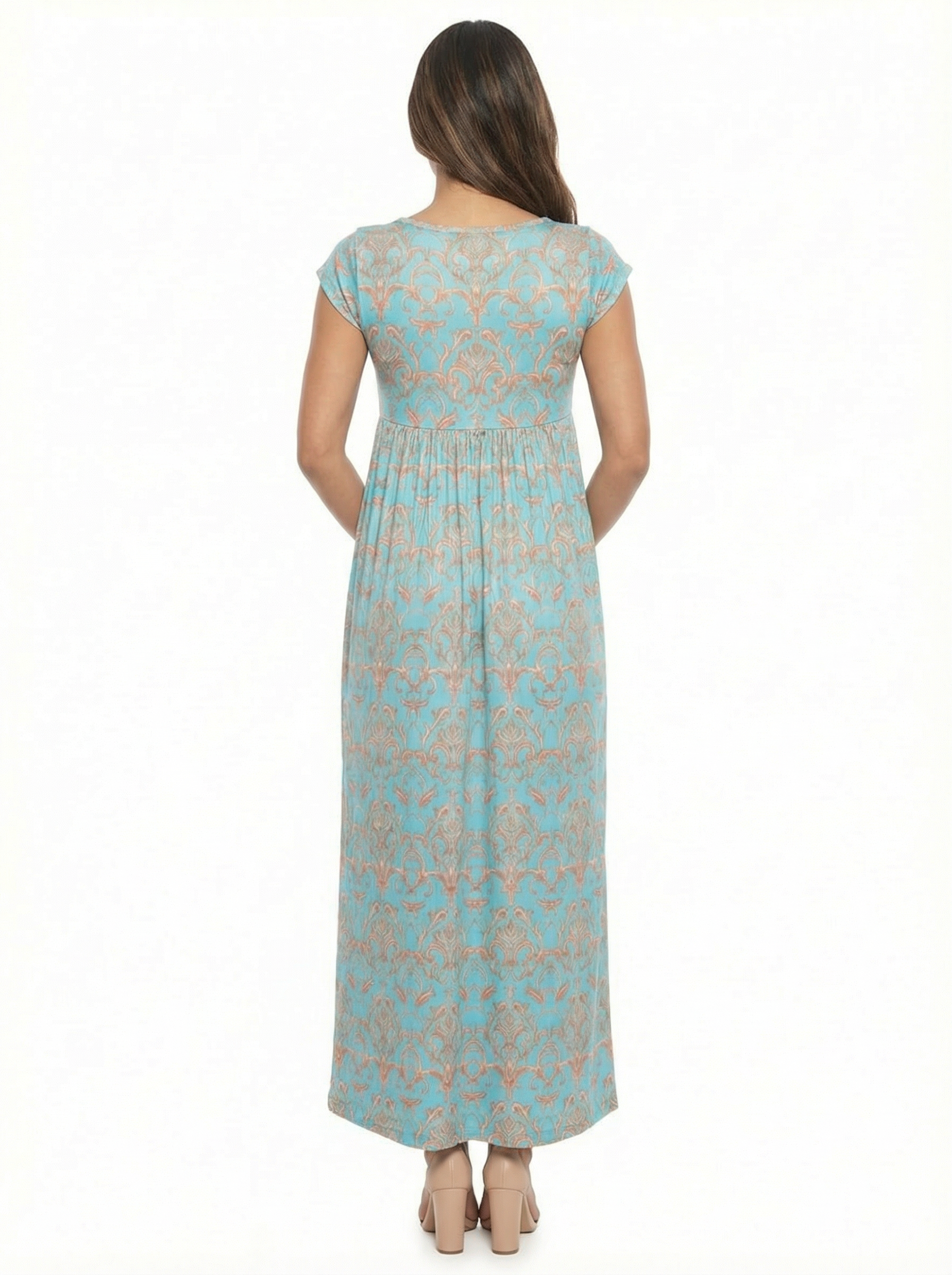 Maternity Abstract Square Neck Cap Sleeve Pleated A-Line Maxi Dress ...