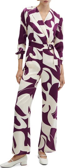 MANGO Murci Print Belted Long Sleeve Jumpsuit | Nordstrom