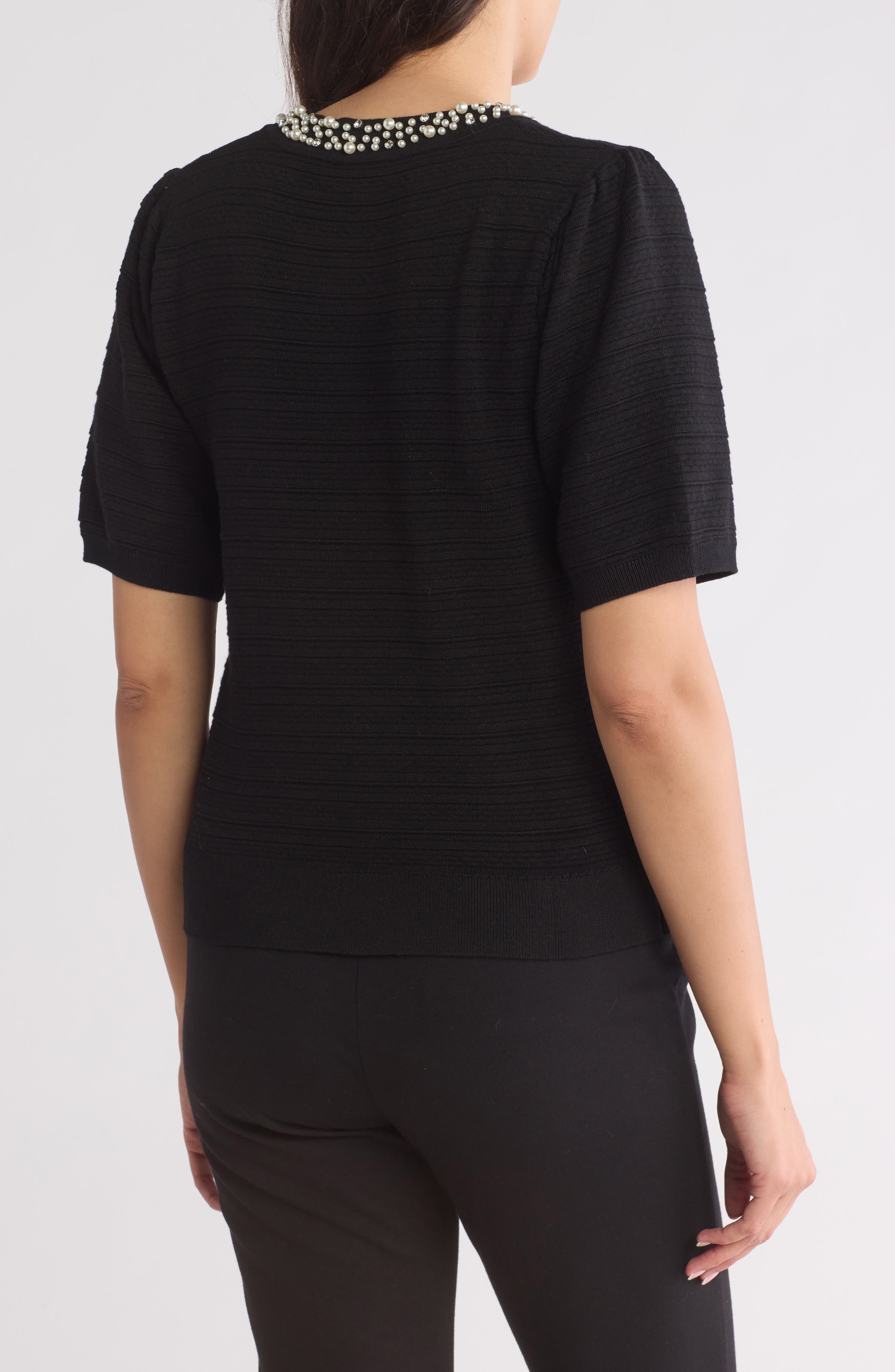 Adrianna Papell Faux Pearl Trim Short Sleeve Sweater | Nordstromrack