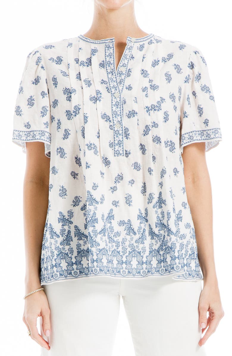MAX STUDIO Floral Pintuck Pleat Cotton Blend Top | Nordstromrack