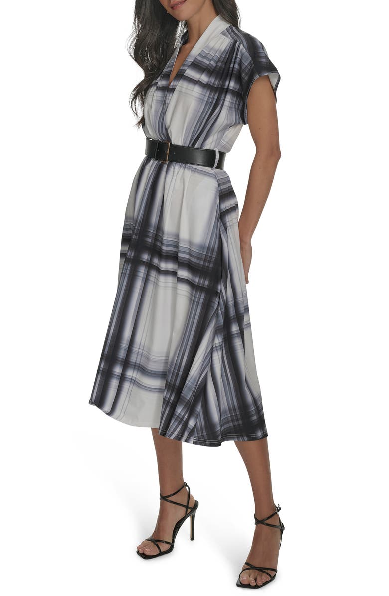 Calvin Klein Windowpane Short Sleeve Fit & Flare Midi Dress | Nordstromrack