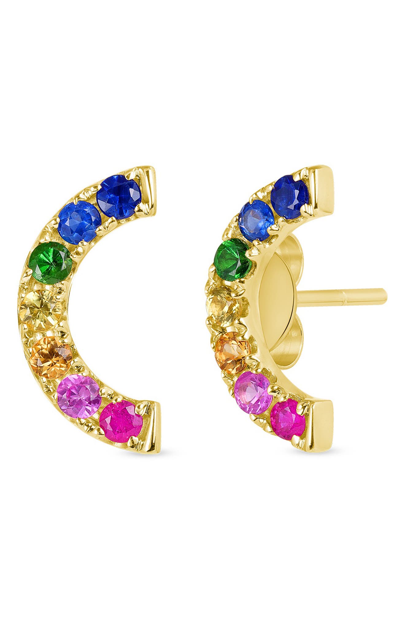 RON HAMI 14K Yellow Gold Rainbow Sapphire Curved Bar Stud Earrings ...