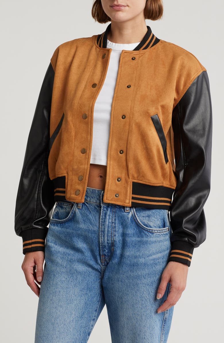 Blu Pepper Varsity Faux Suede & Faux Leather Bomber Jacket | Nordstromrack