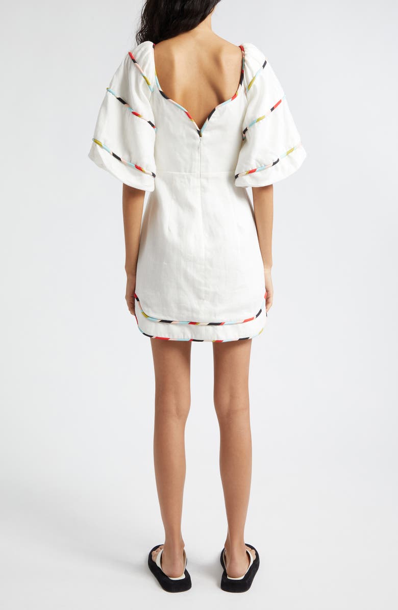FARM Rio Stripe Trim Puff Sleeve Linen Minidress | Nordstromrack