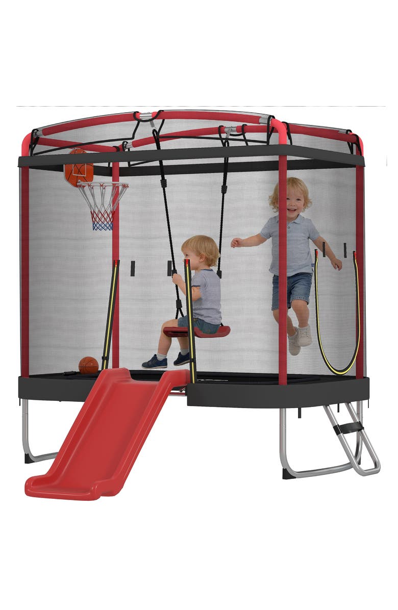 Qaba Kids Trampoline with Slide, Swing, Basketball Hoop and Safety ...