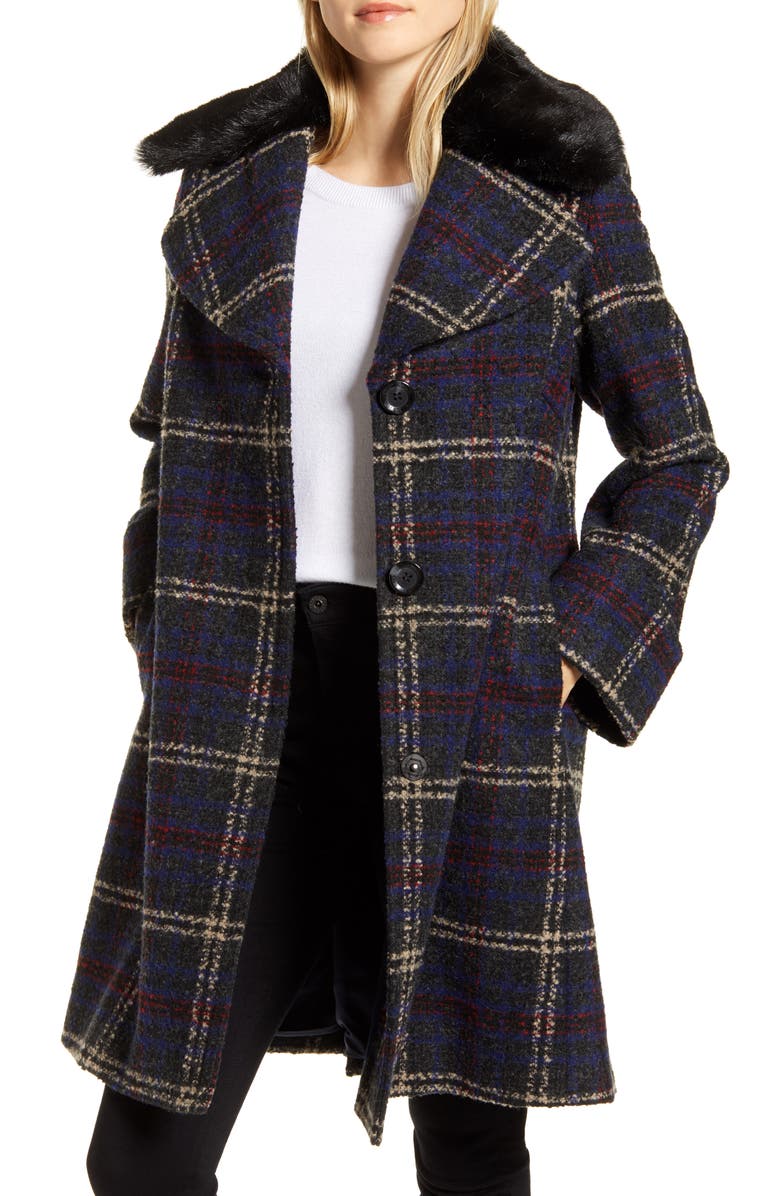 Sam Edelman Plaid Bouclé Wool Blend Coat with Faux Fur Trim | Nordstromrack