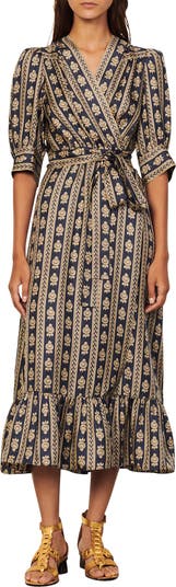 SANDRO Enrika Tie Waist Silk Midi Dress | Nordstrom