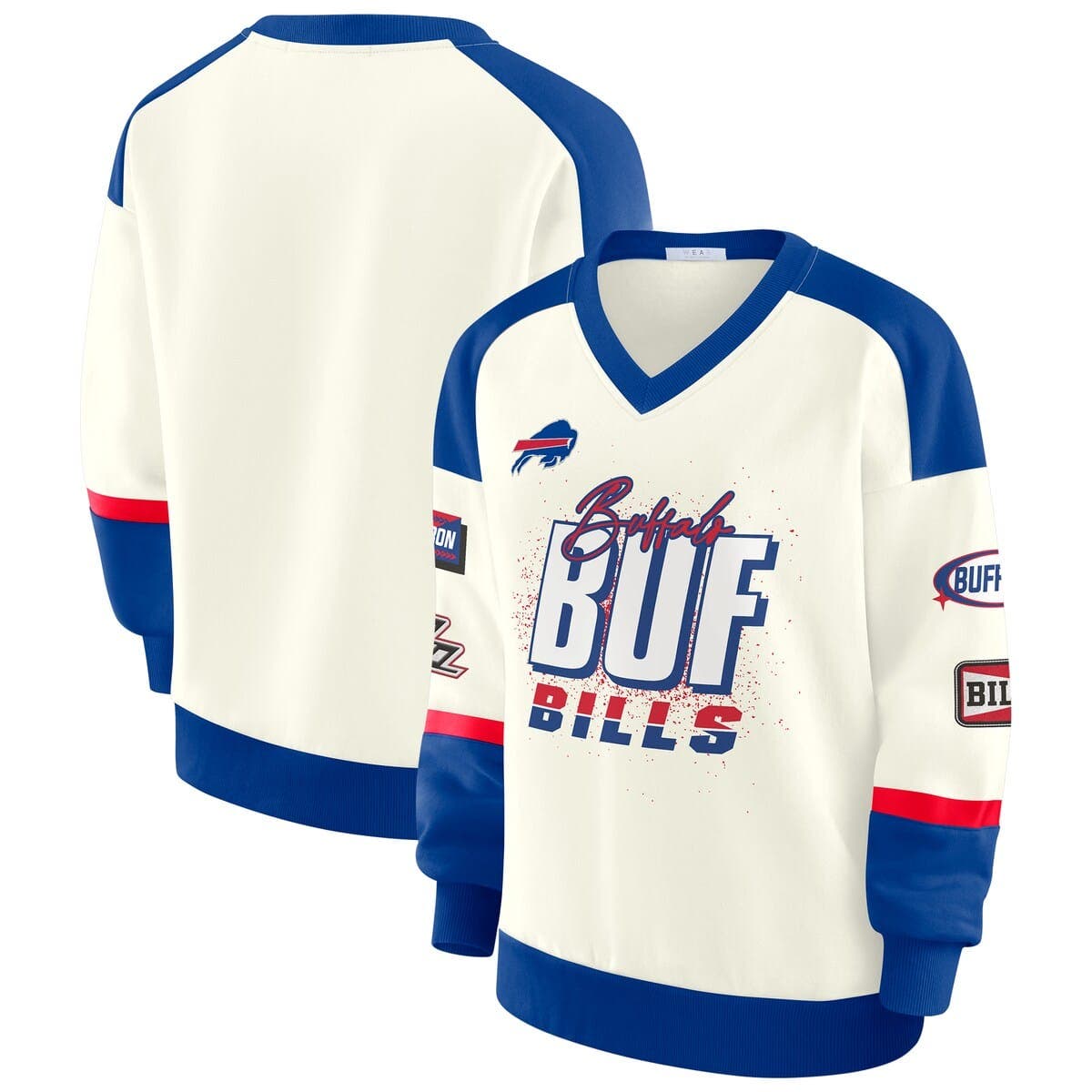 Women's WEAR by Erin Andrews Cream Buffalo Bills Racing Crew V-Neck ...