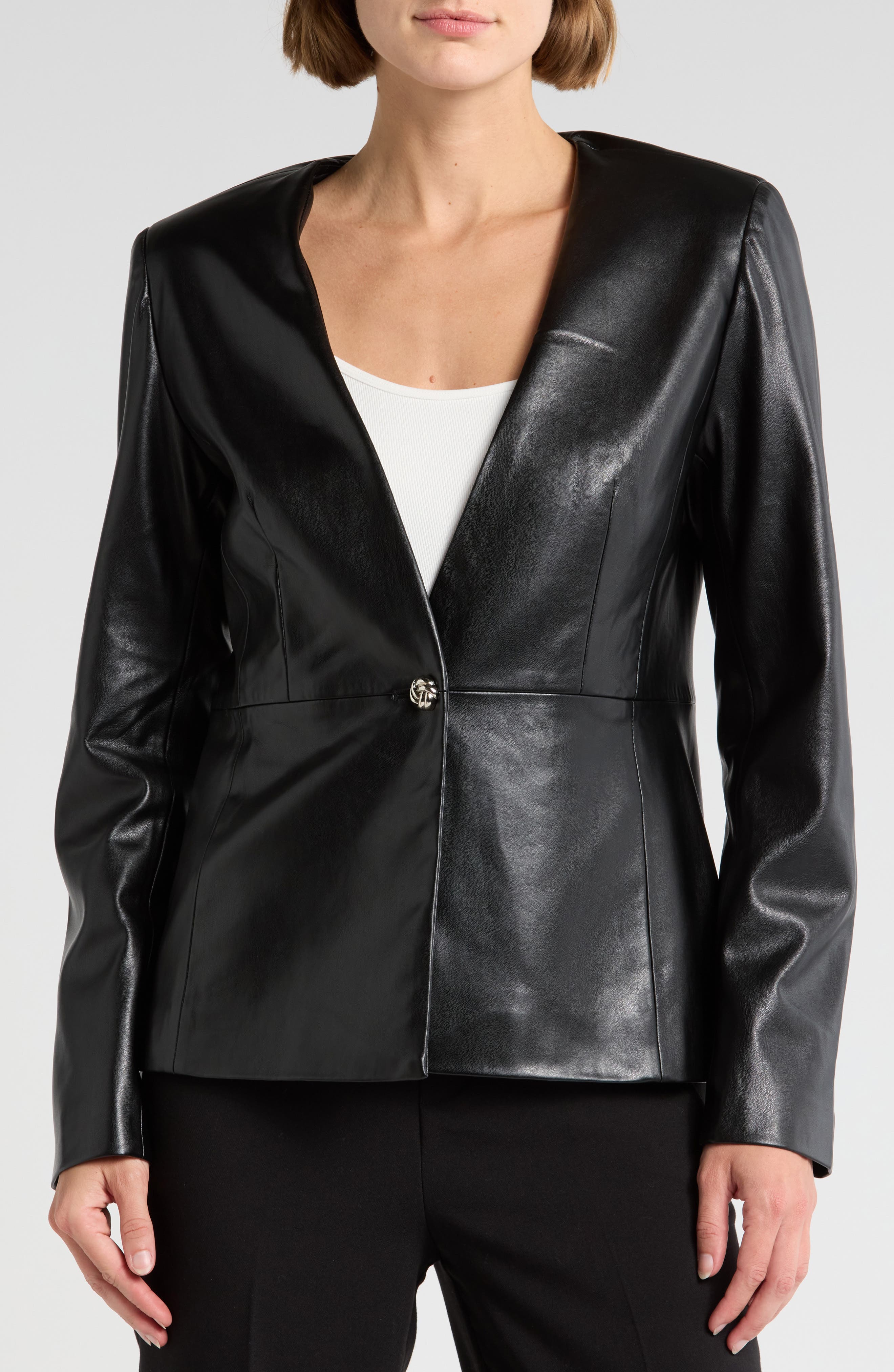 ELIE ELIE TAHARI V-Neck Faux Leather Single Button Jacket | Nordstromrack