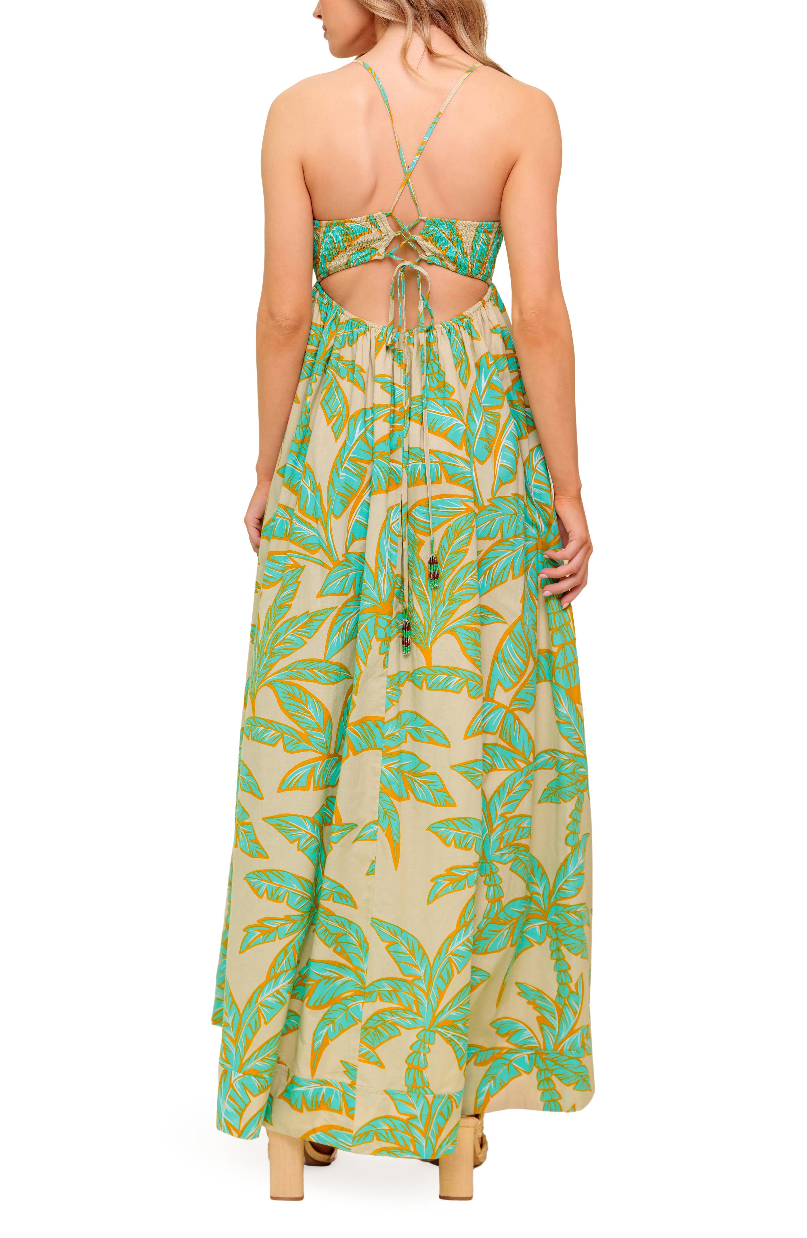 FLYING TOMATO Frond Lace-Up Back Cotton Maxi Dress | Nordstromrack
