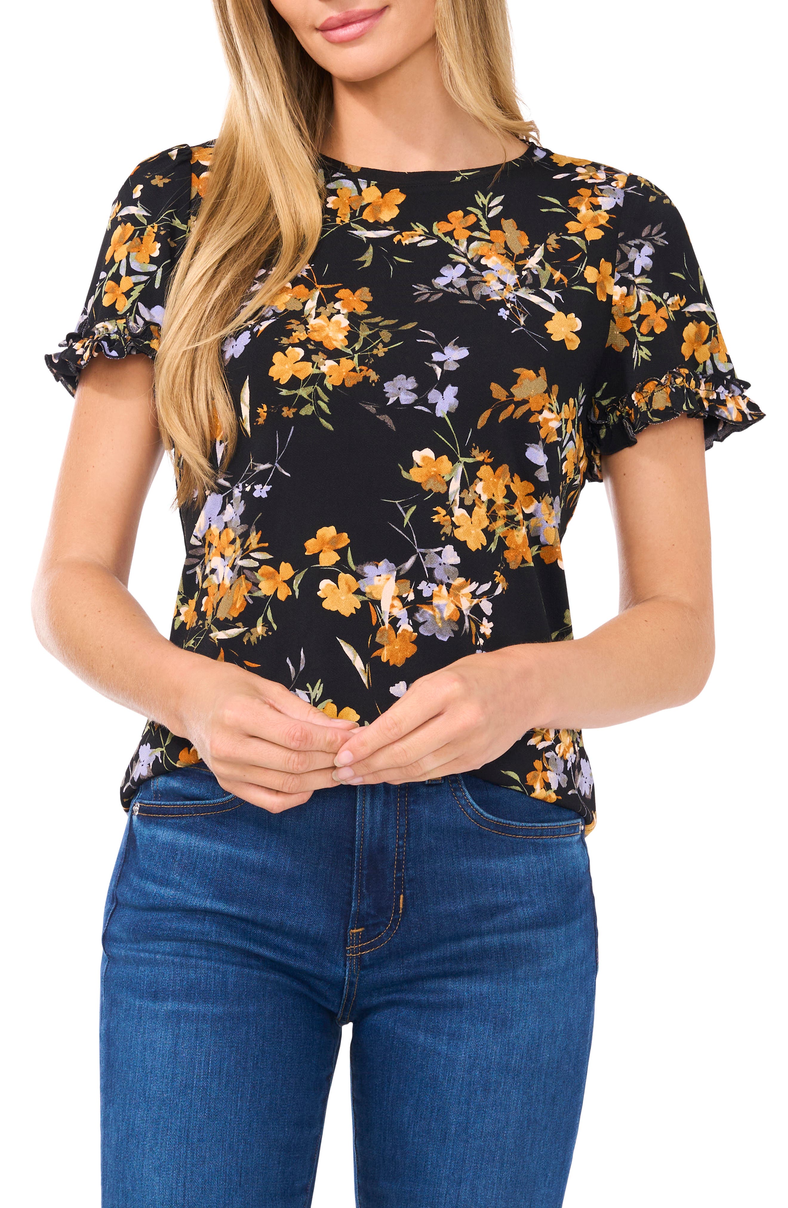 CeCe Floral Ruffle Sleeve Crepe Knit Top | Nordstromrack