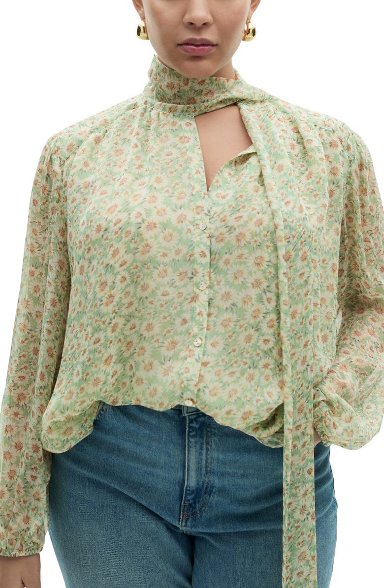MANGO Belle Floral Chiffon Tie Neck Top | Nordstromrack