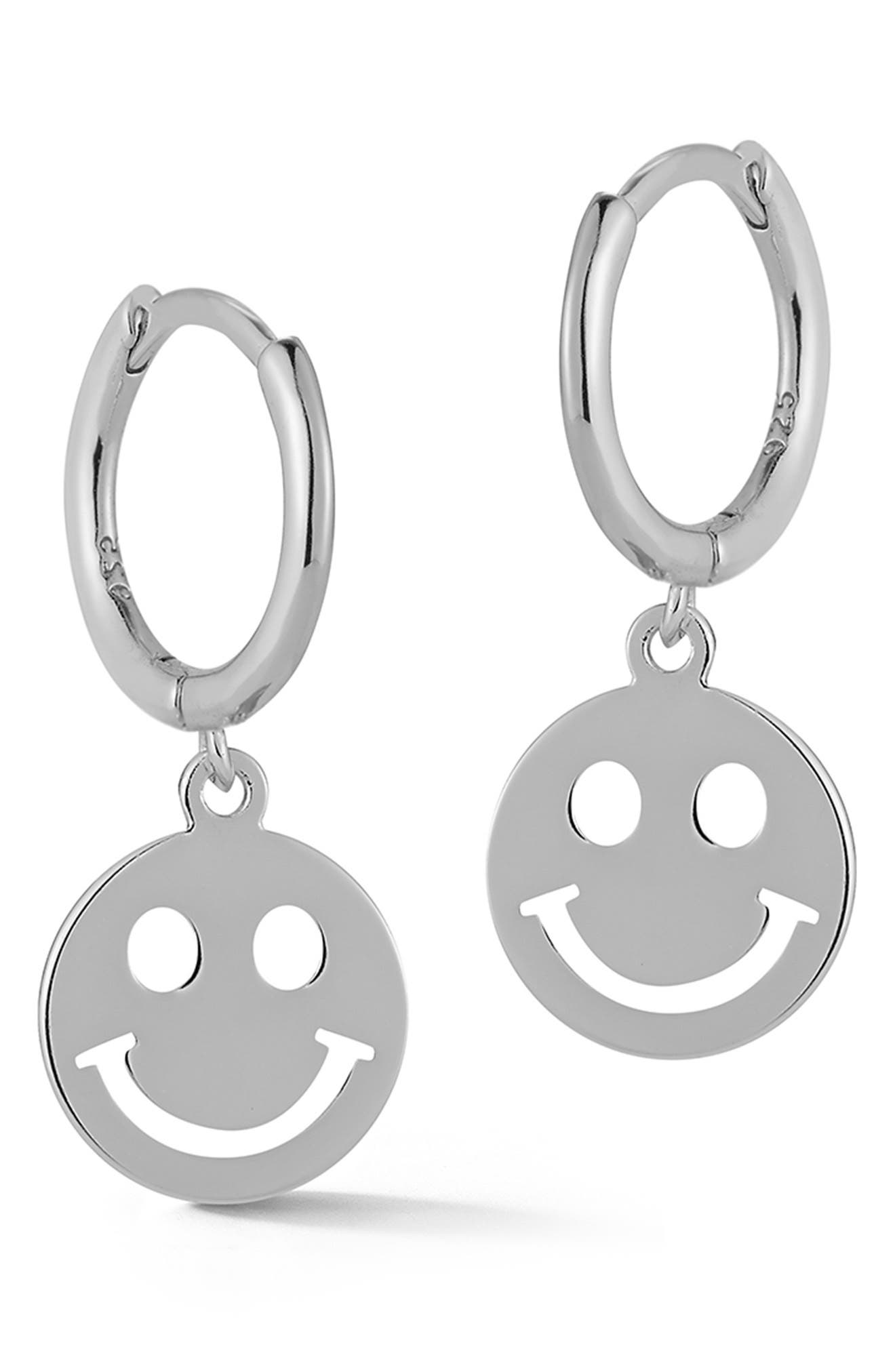 GLAZE JEWELRY Sterling Silver Smiley Face Drop Huggie Earrings ...
